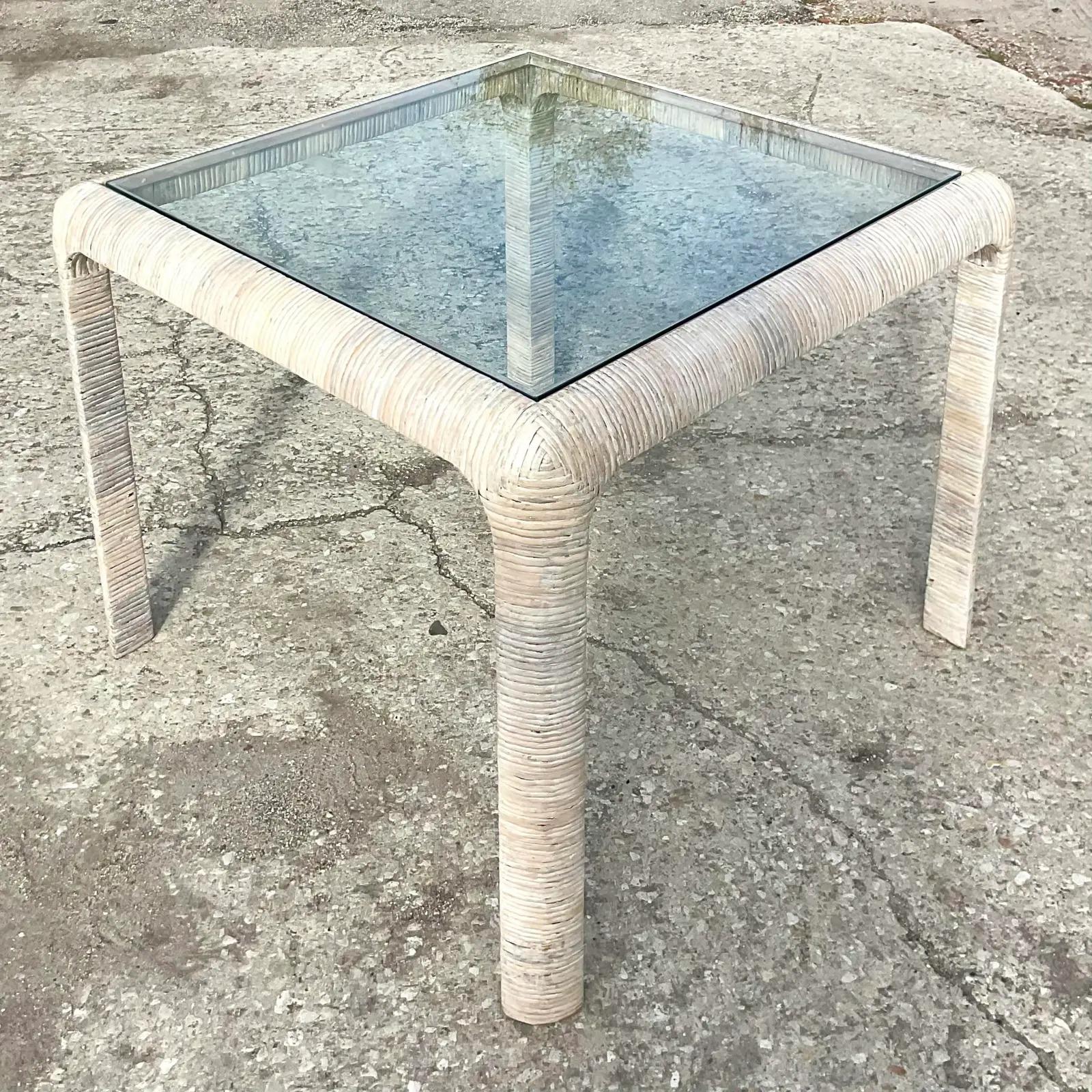 Vintage Coastal Cerused Wrapped Rattan Game Table at 1stDibs