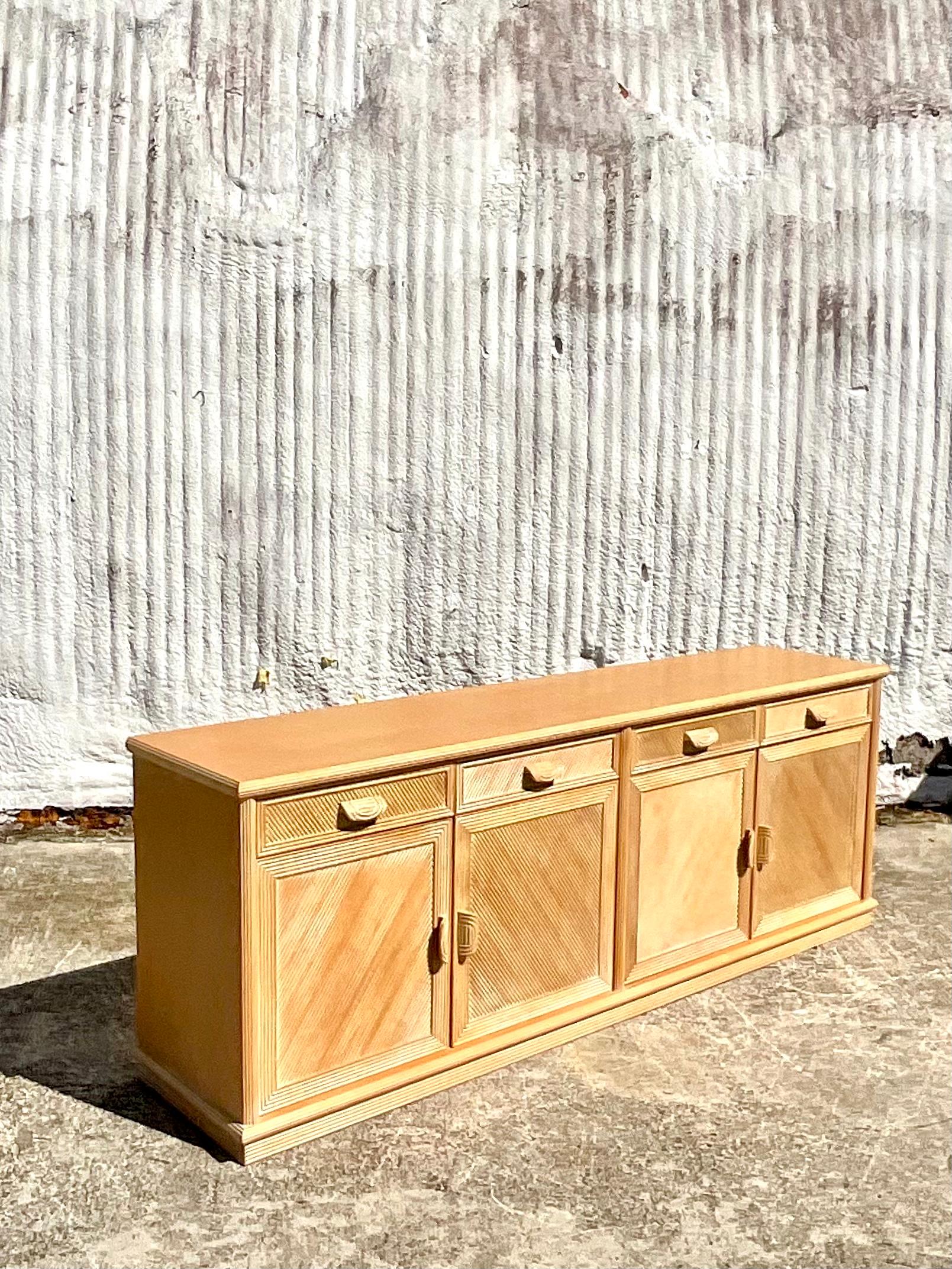 Vintage Coastal Chevron Pencil Reed Credenza at 1stDibs
