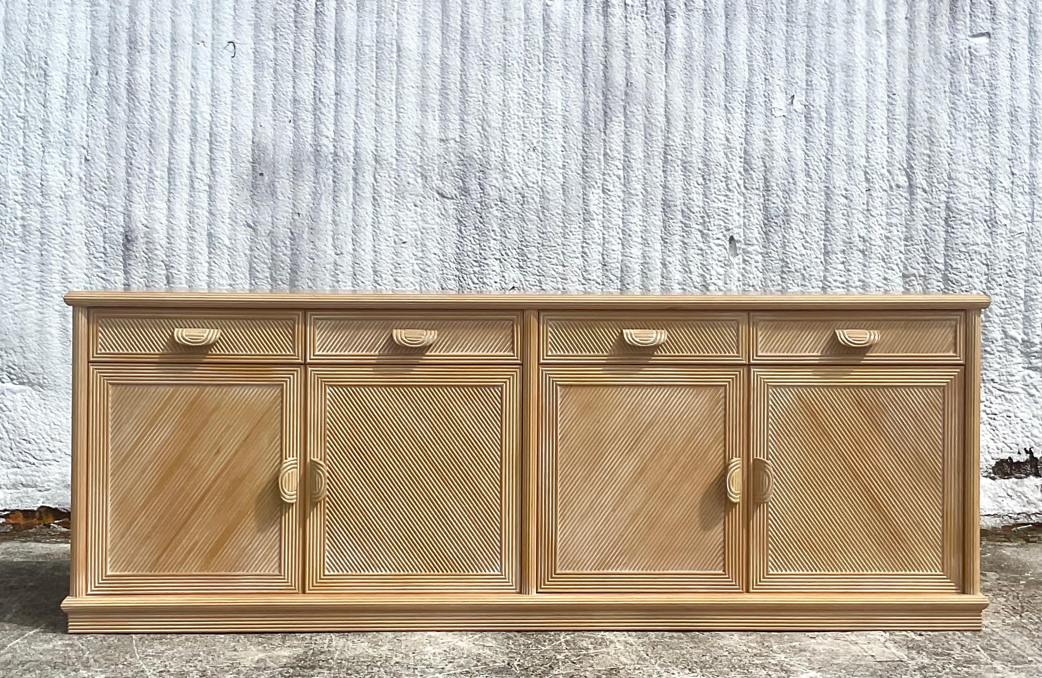 Vintage Coastal Chevron Pencil Reed Credenza at 1stDibs
