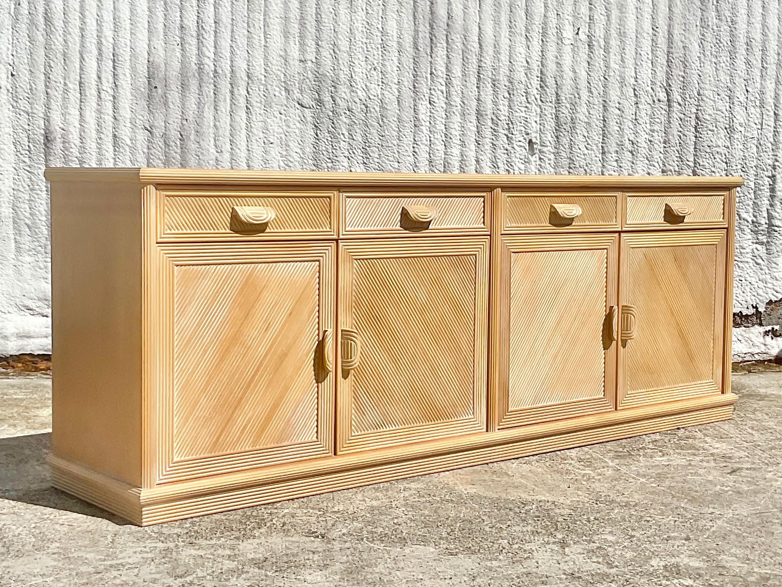 Vintage Coastal Chevron Pencil Reed Credenza at 1stDibs