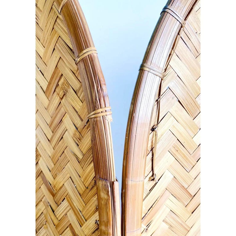 Vintage Coastal Chevron Rattan Arched Folding Screen For Sale at 1stDibs