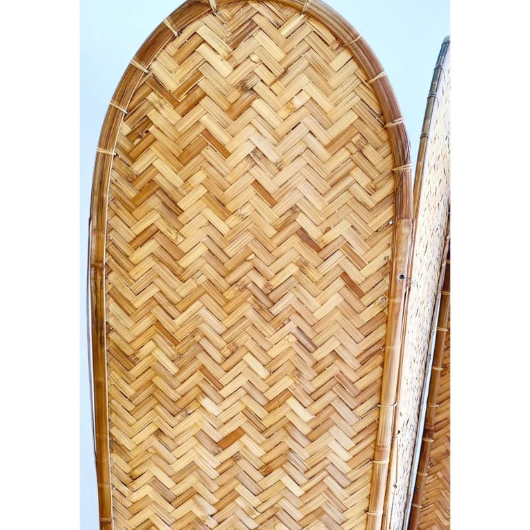 Vintage Coastal Chevron Rattan Arched Folding Screen For Sale at 1stDibs