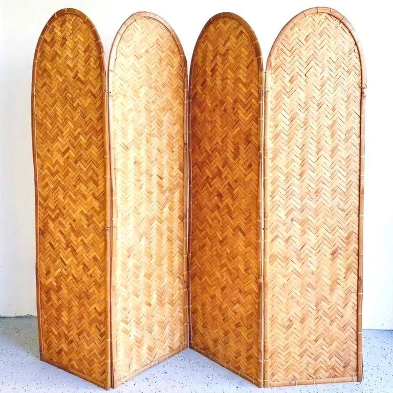 Vintage Coastal Chevron Rattan Arched Folding Screen For Sale at 1stDibs