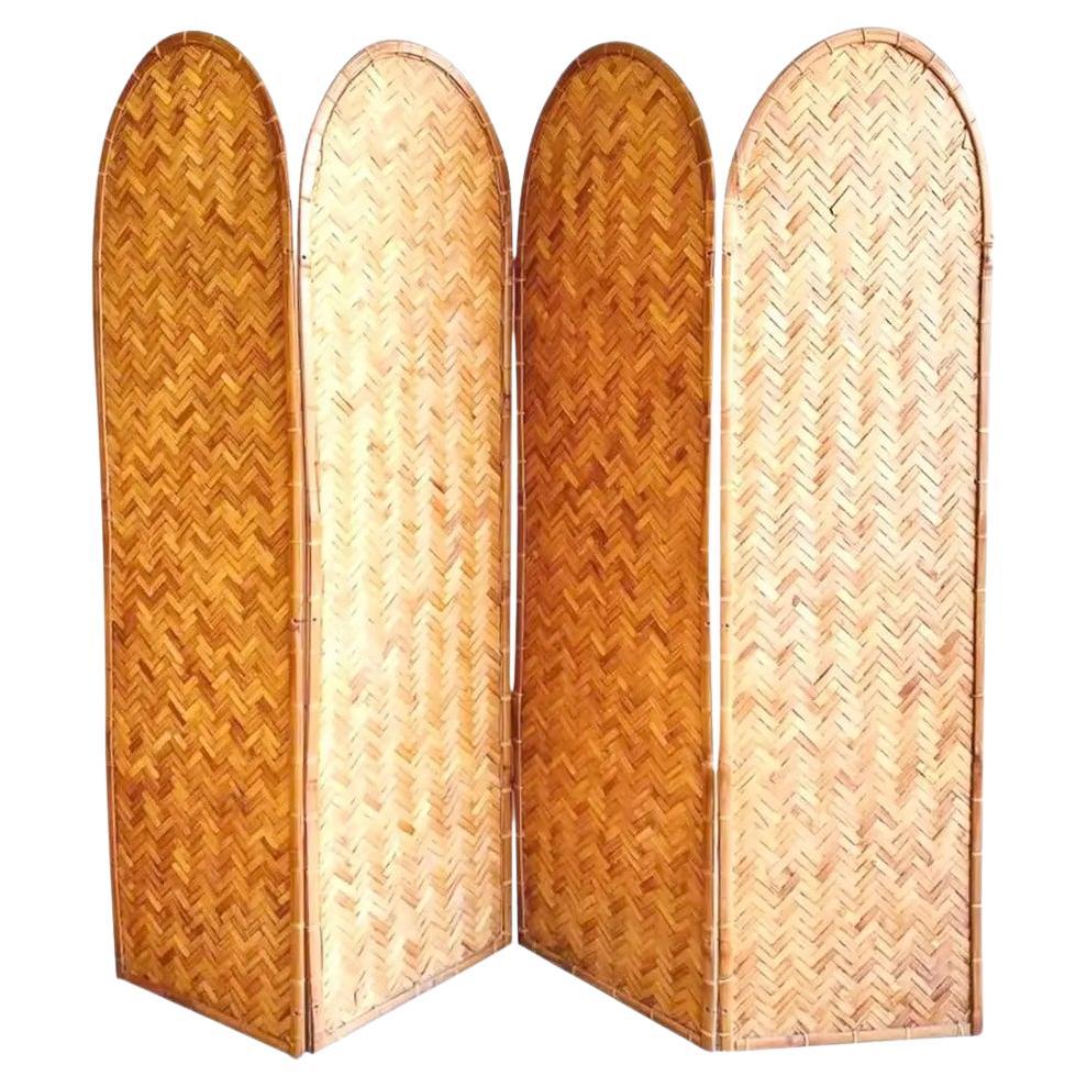 Midcentury French Five Fold Oak and Rattan Screen For Sale at 1stDibs