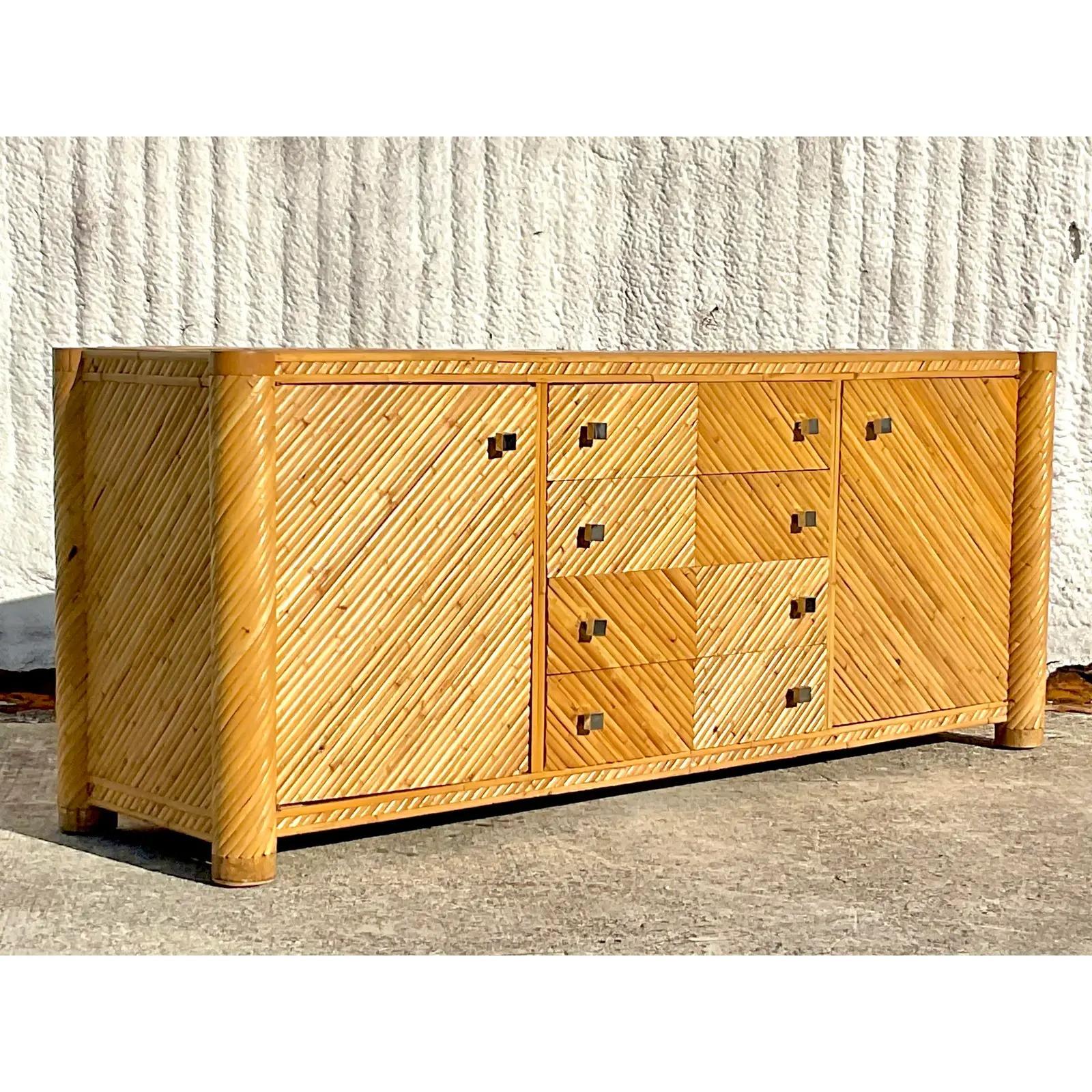 Vintage Coastal Chevron Rattan Credenza at 1stDibs