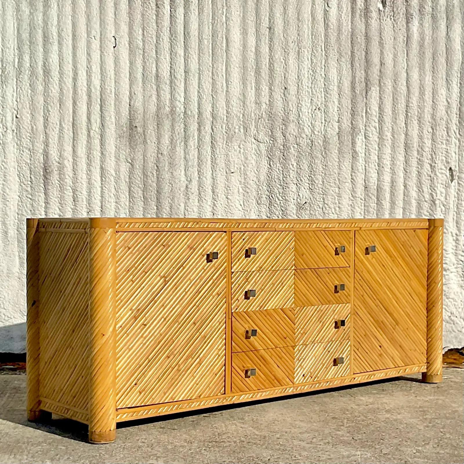 Vintage Coastal Chevron Rattan Credenza at 1stDibs