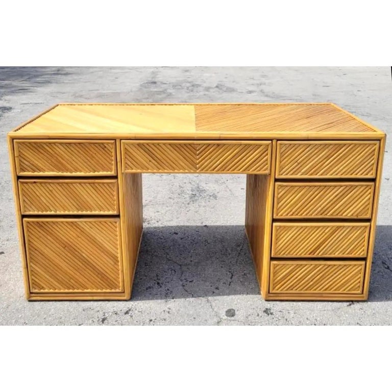 Vintage Coastal Chevron Rattan Executive Desk For Sale at 1stDibs