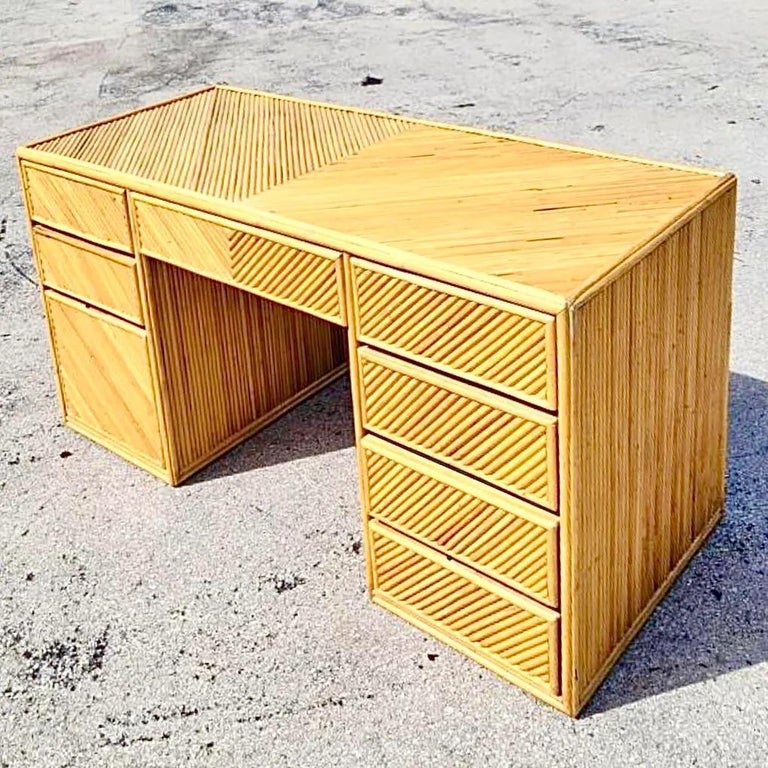 Vintage Coastal Chevron Rattan Executive Desk For Sale at 1stDibs