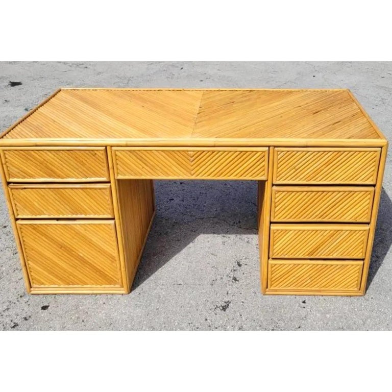 Vintage Coastal Chevron Rattan Executive Desk For Sale at 1stDibs