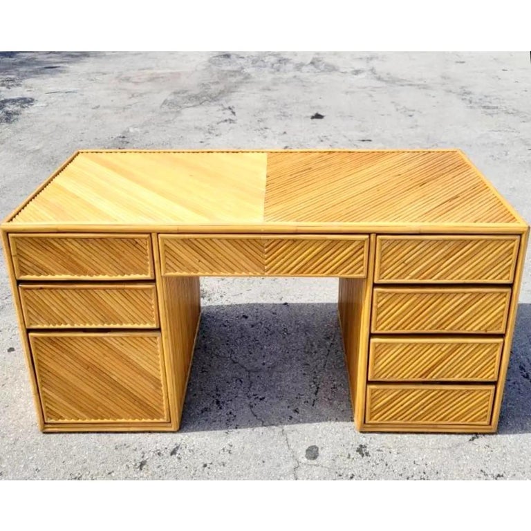 Vintage Coastal Chevron Rattan Executive Desk For Sale at 1stDibs