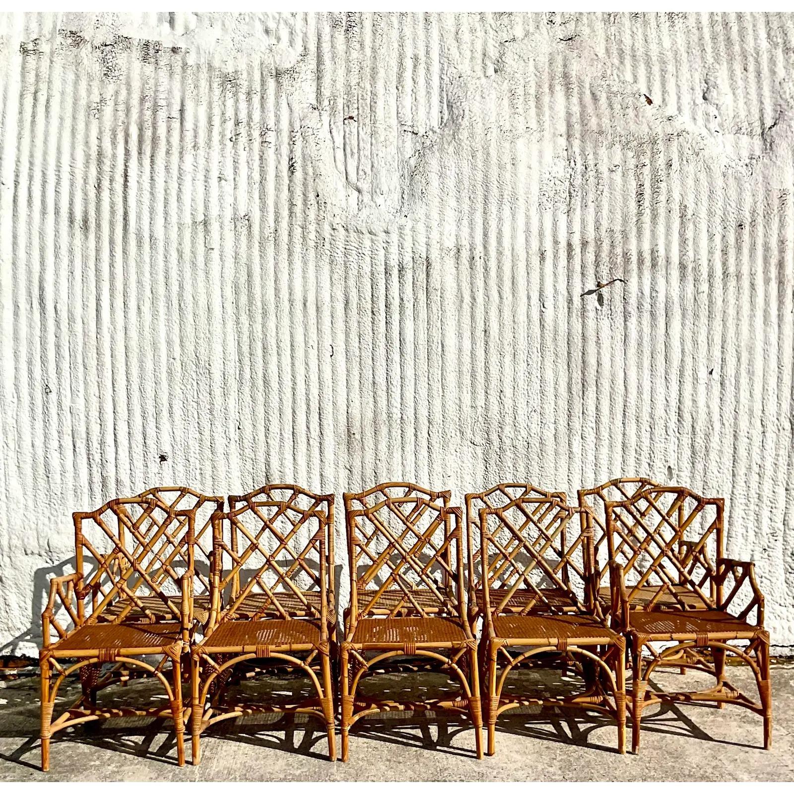 Vintage Coastal Chinese Chippendale Rattan Dining Chairs, Set of 10 For ...