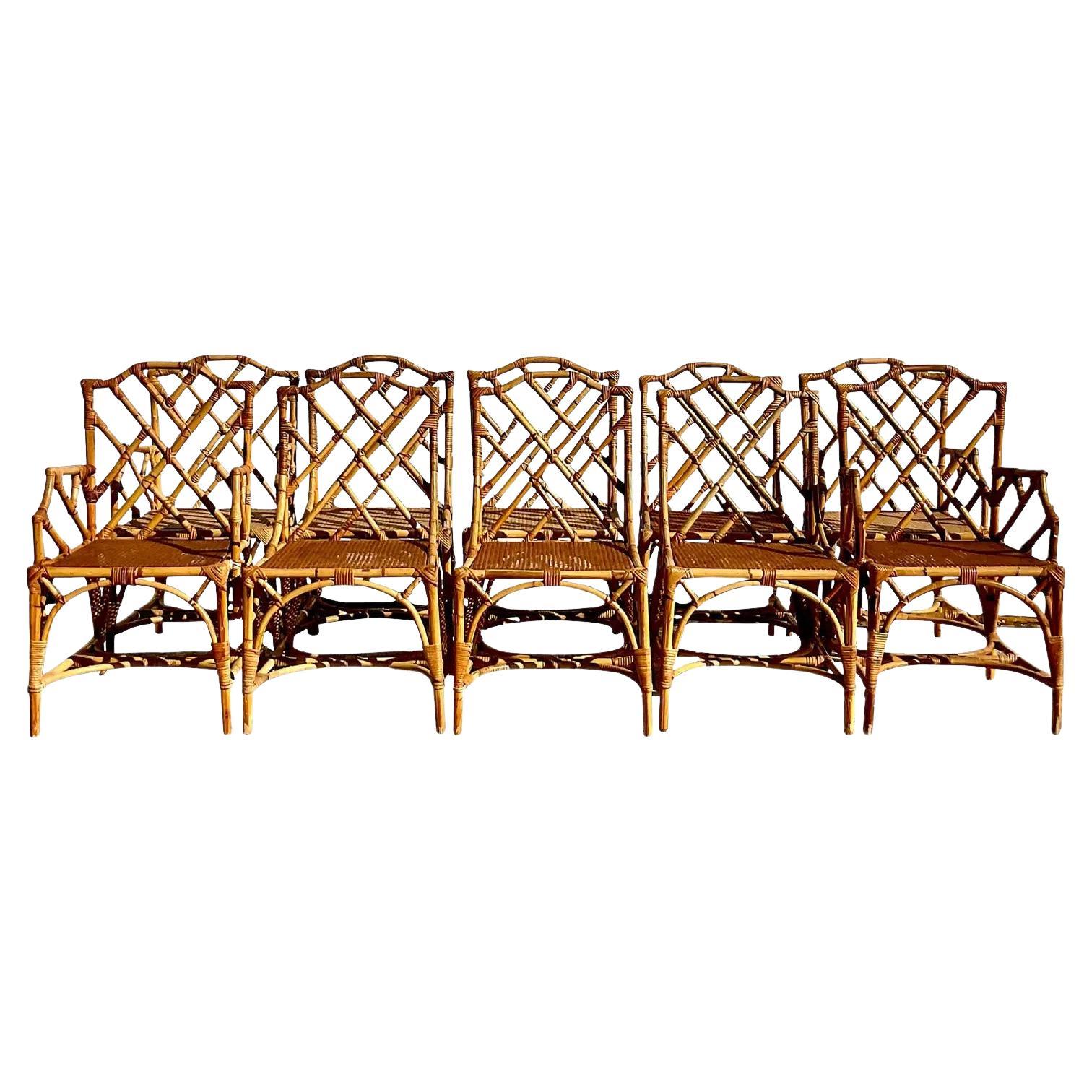 Vintage Coastal Rattan Chinese Chippendale Dining Chairs, Set of 4 For ...