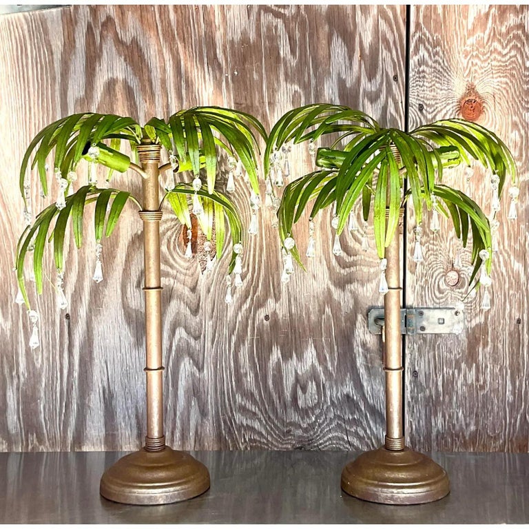 Vintage Coastal Crystal Drop Tole Palm Tree Lamps - a Pair For Sale at ...