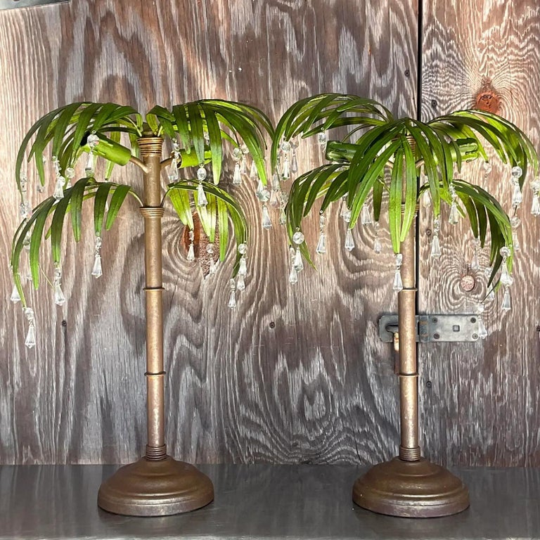 Vintage Coastal Crystal Drop Tole Palm Tree Lamps - a Pair For Sale at ...