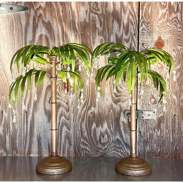 Vintage Coastal Crystal Drop Tole Palm Tree Lamps - a Pair For Sale at ...