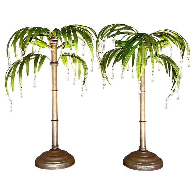 Vintage Coastal Crystal Drop Tole Palm Tree Lamps - a Pair For Sale at ...