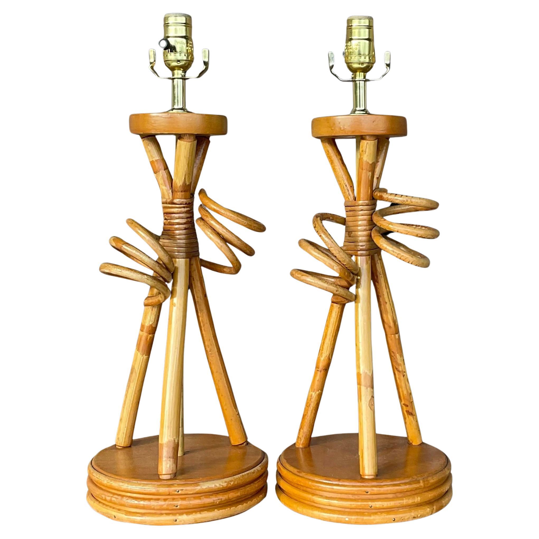 Vintage Coastal Curly Cue Rattan Table Lamps - a Pair For Sale at 1stDibs