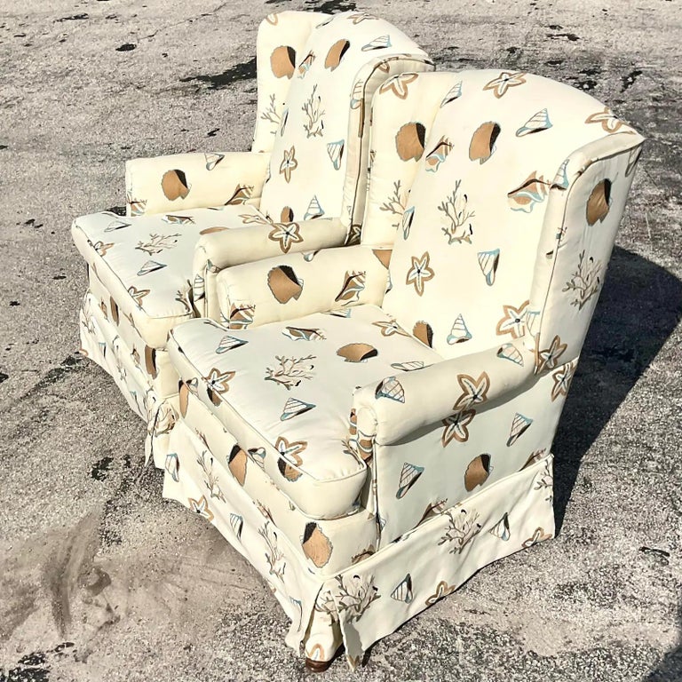 Vintage Coastal Embroidered Seashell Wingback Chair, a Pair at 1stDibs