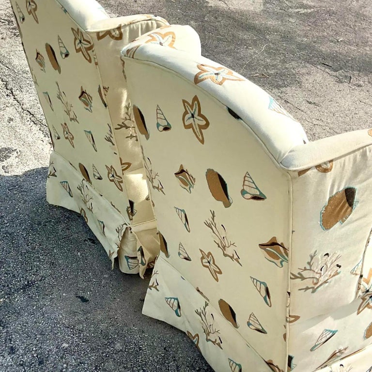 Vintage Coastal Embroidered Seashell Wingback Chair, a Pair at 1stDibs