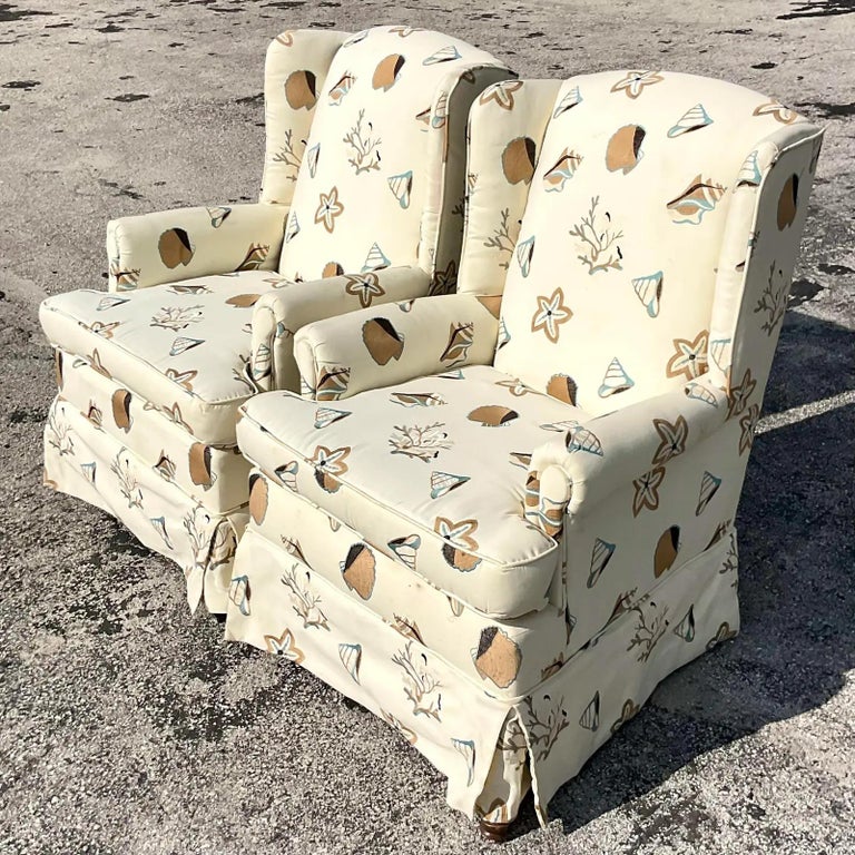 Vintage Coastal Embroidered Seashell Wingback Chair, a Pair at 1stDibs
