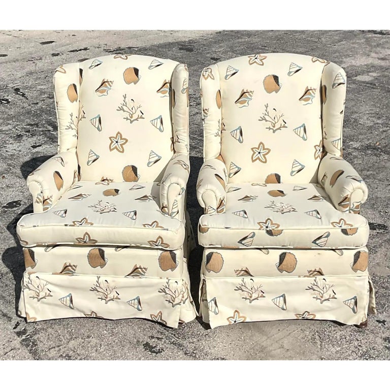 Vintage Coastal Embroidered Seashell Wingback Chair, a Pair at 1stDibs