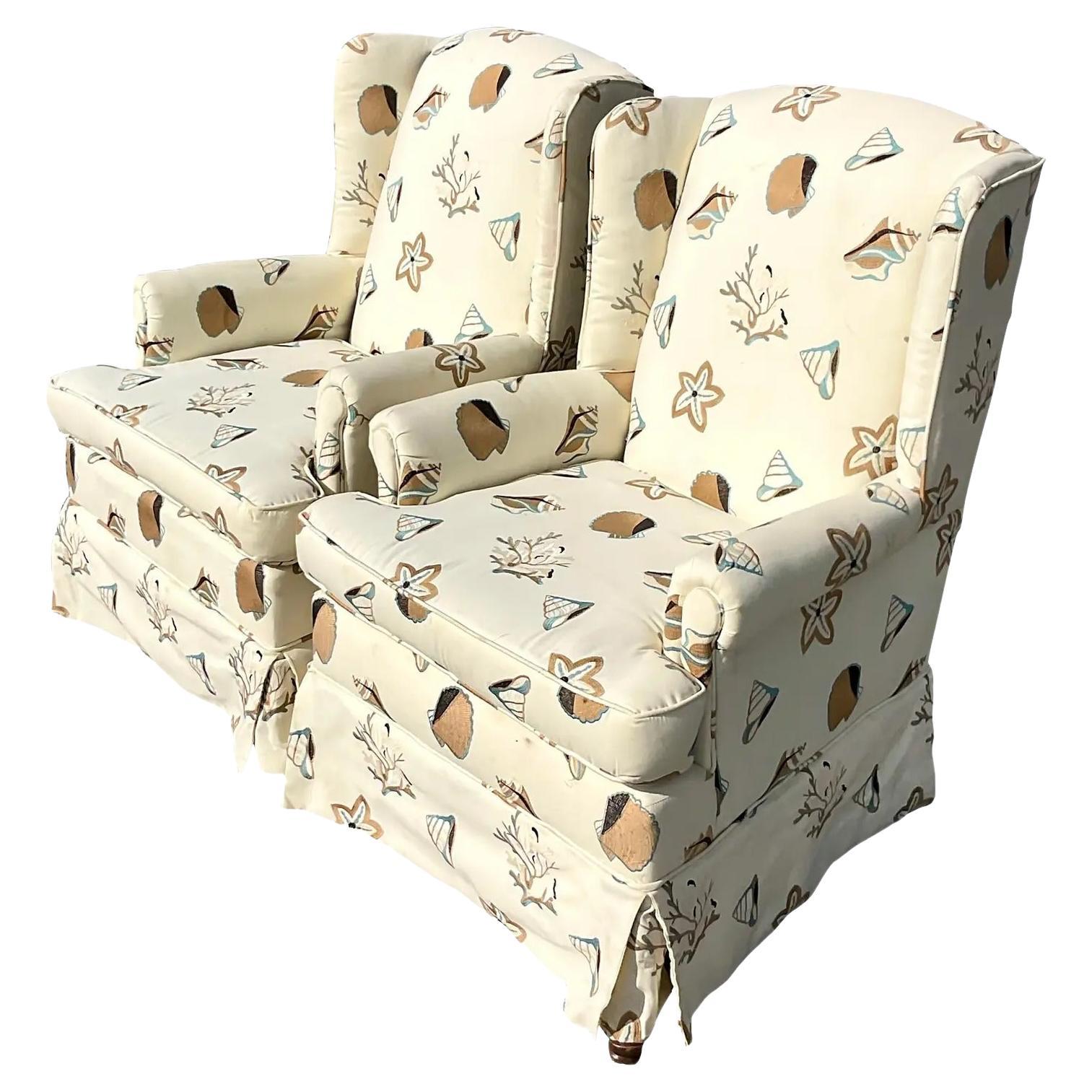 Vintage Coastal Embroidered Seashell Wingback Chair, a Pair at 1stDibs