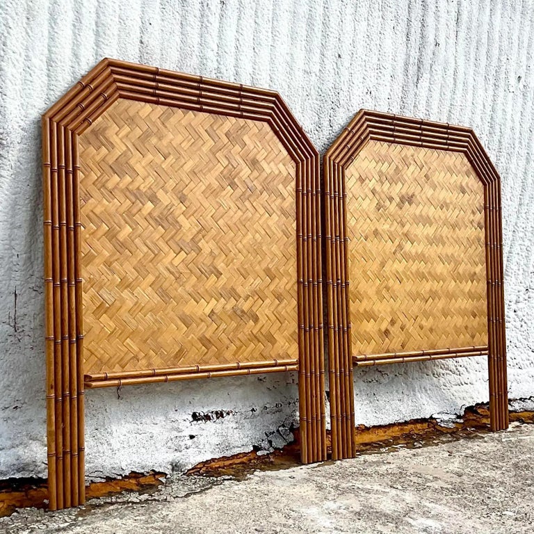 Vintage Coastal Faceted Bamboo Twin Headboards, Pair For Sale at 1stDibs