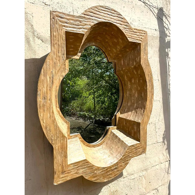 Vintage Coastal Faux Coconut Over Wood Notched Wall Mirror at 1stDibs