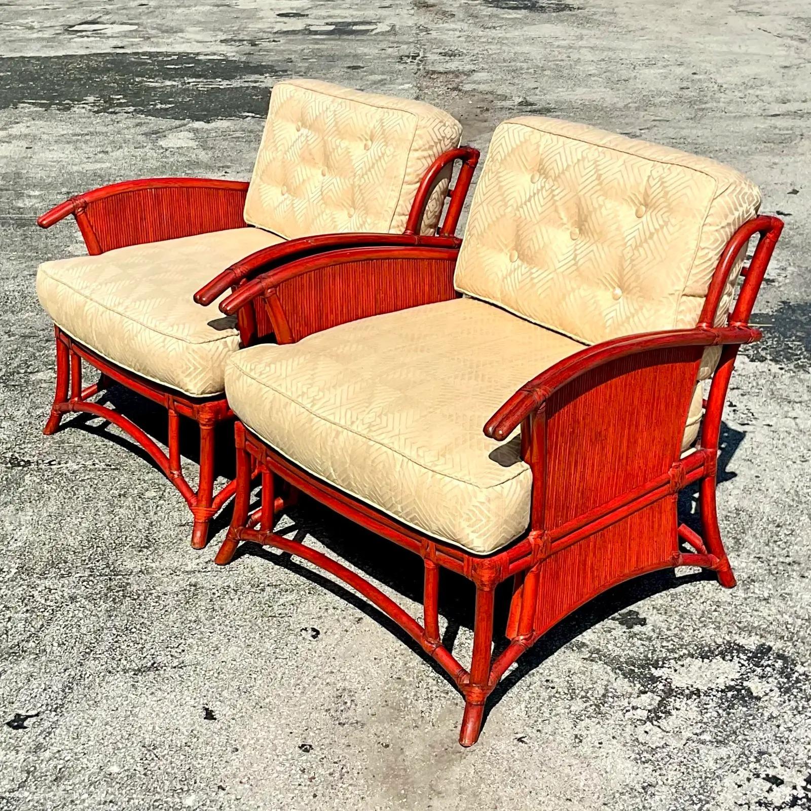 Vintage Coastal Ficks Reed Rattan Lounge Chairs and Ottomans, Pair at ...