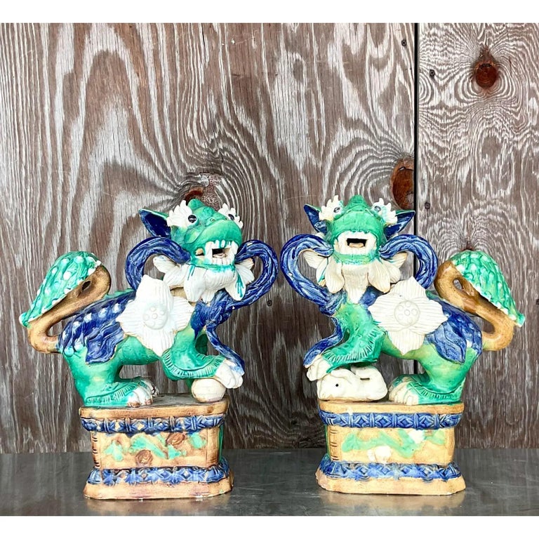 Vintage Coastal Glazed Ceramic Foo Dogs, a Pair For Sale at 1stDibs