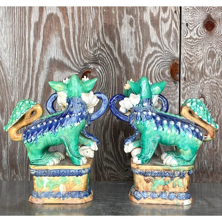 Vintage Coastal Glazed Ceramic Foo Dogs, a Pair For Sale at 1stDibs