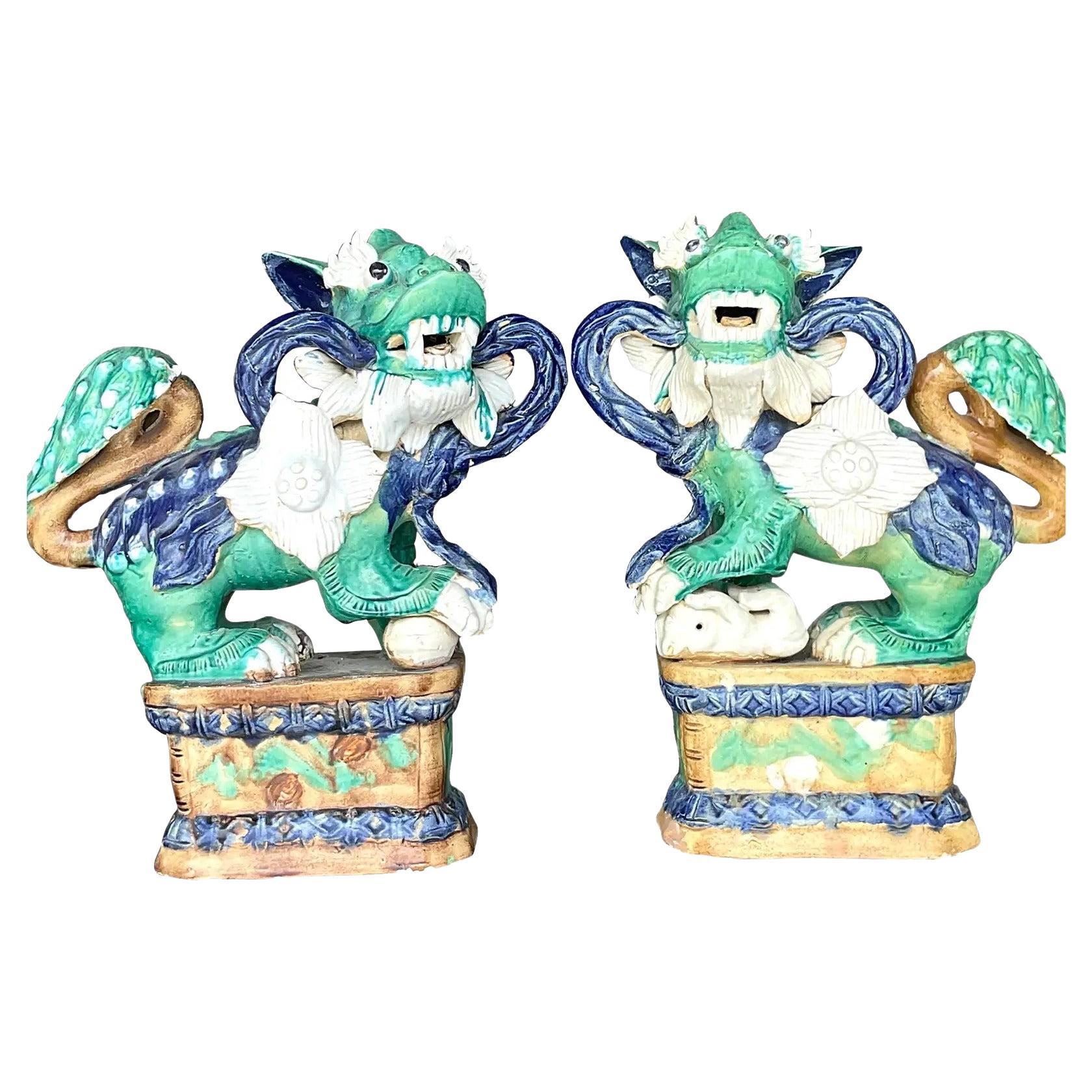Vintage Asian Glazed Ceramic Foo Dogs, a Pair For Sale at 1stDibs