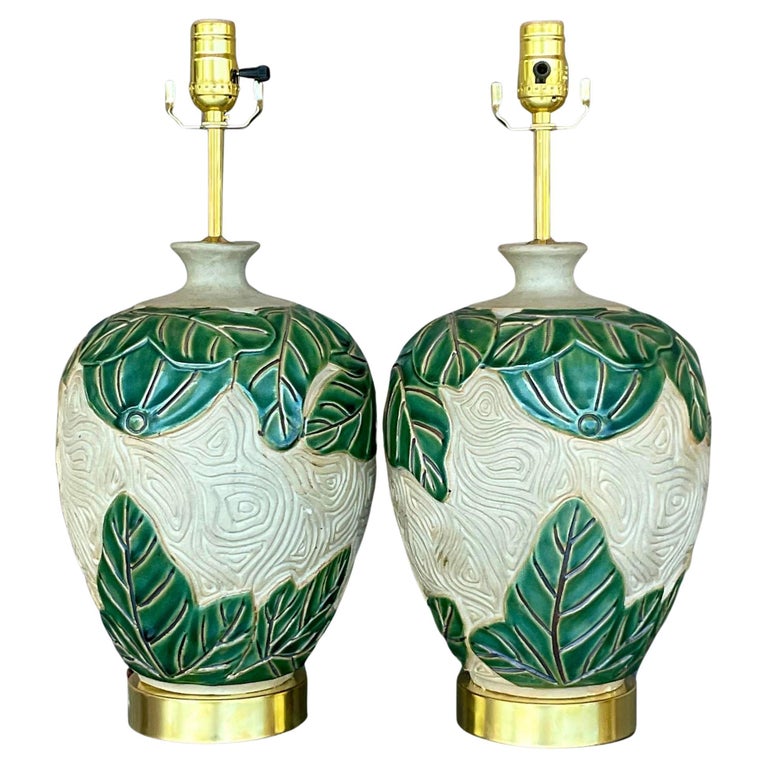 Vintage Coastal Glazed Ceramic Leaf Lamps, a Pair For Sale at 1stDibs