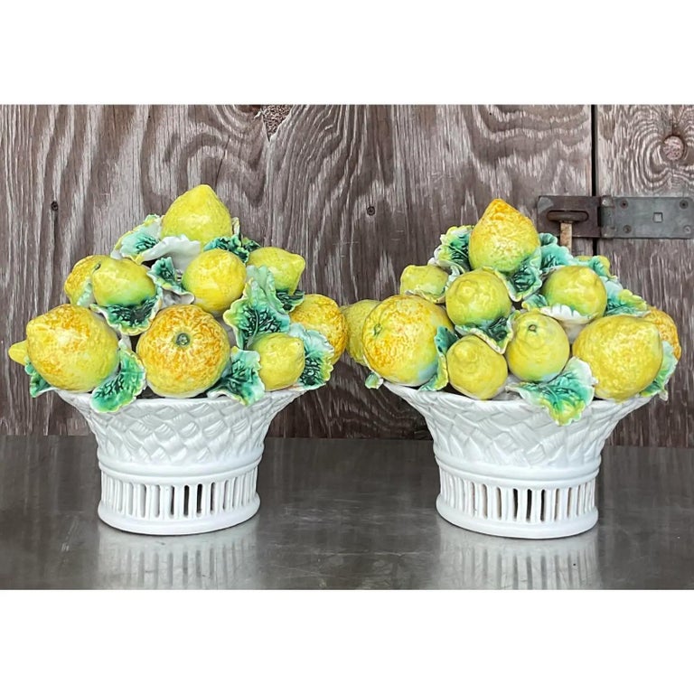 Vintage Coastal Glazed Ceramic Lemon Pots, a Pair For Sale at 1stDibs
