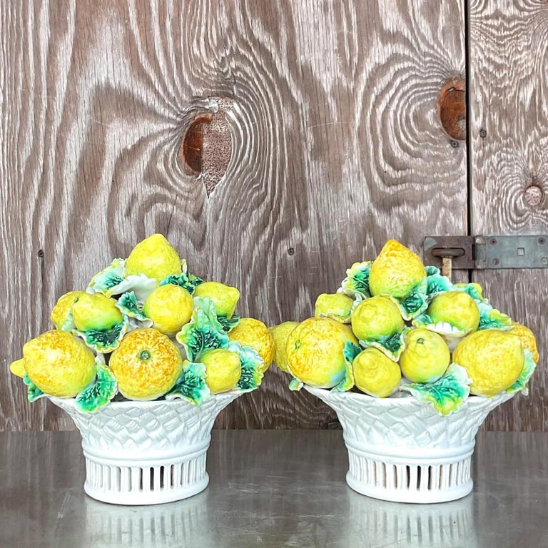 Vintage Coastal Glazed Ceramic Lemon Pots, a Pair For Sale at 1stDibs