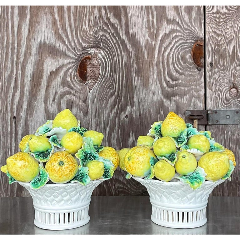 Vintage Coastal Glazed Ceramic Lemon Pots, a Pair For Sale at 1stDibs