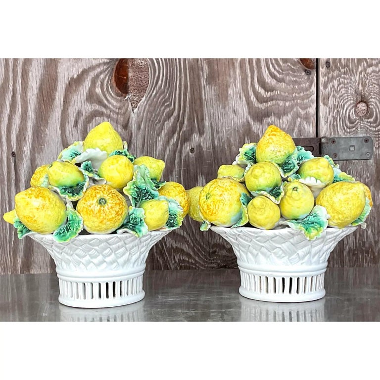 Vintage Coastal Glazed Ceramic Lemon Pots, a Pair For Sale at 1stDibs