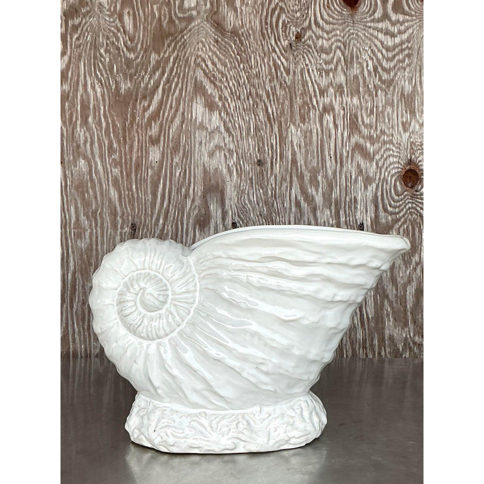 Vintage Coastal Glazed Ceramic Nautilus Shell Planter For Sale at 1stDibs