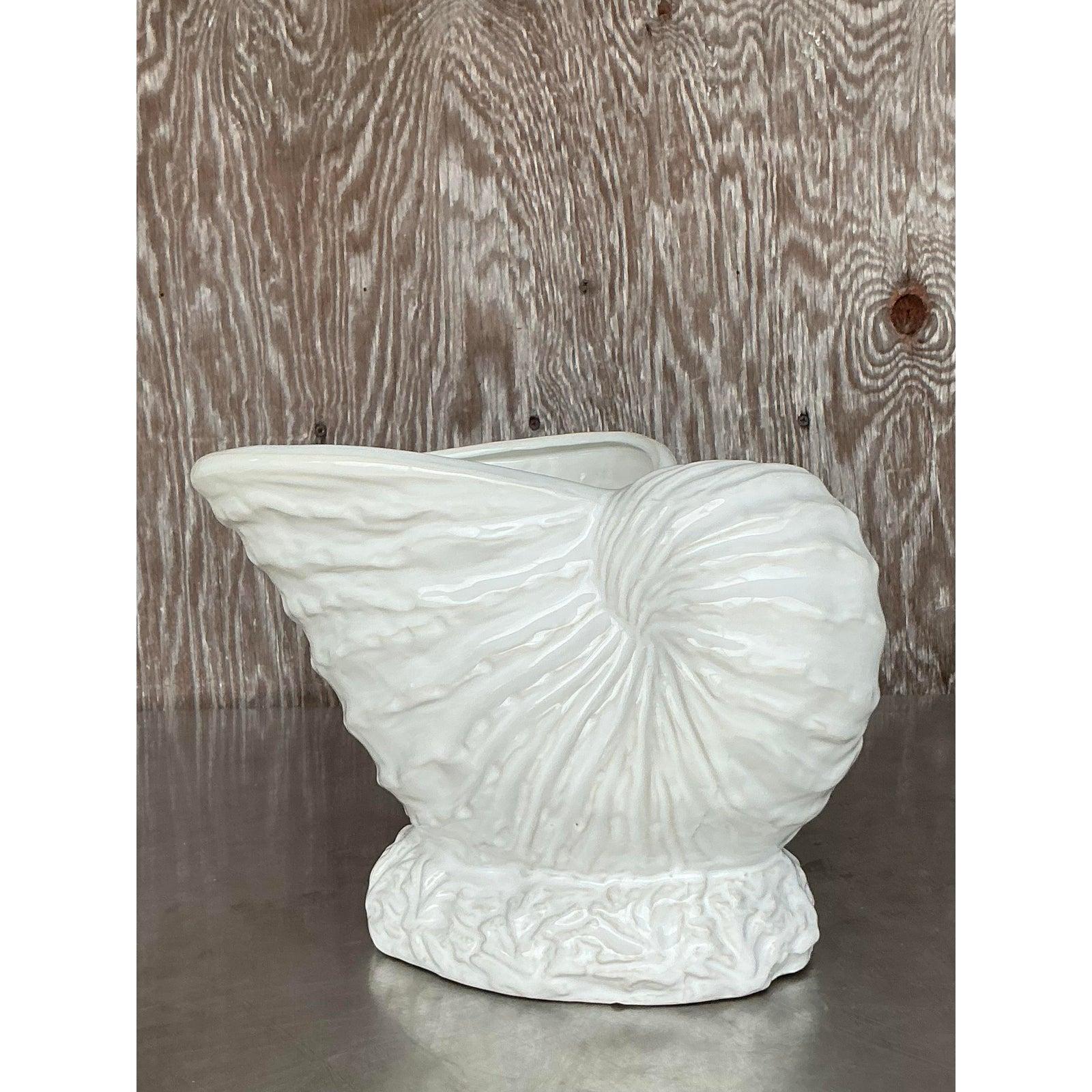 Vintage Coastal Glazed Ceramic Nautilus Shell Planter For Sale at 1stDibs