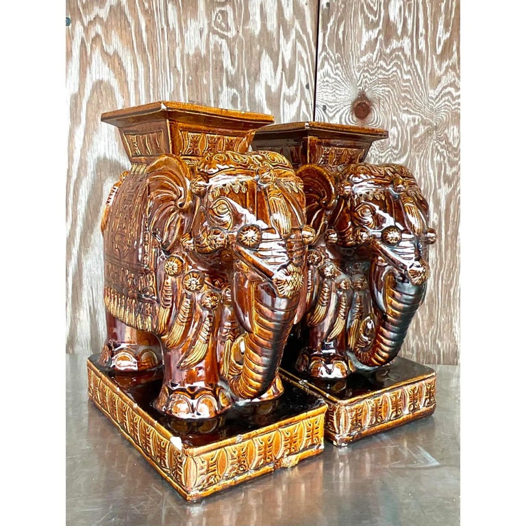 Vintage Coastal Glazed Ceramic “Root Beer” Elephant Garden Seats, a ...