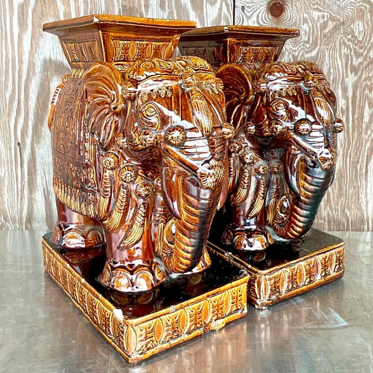 Vintage Coastal Glazed Ceramic “Root Beer” Elephant Garden Seats, a ...