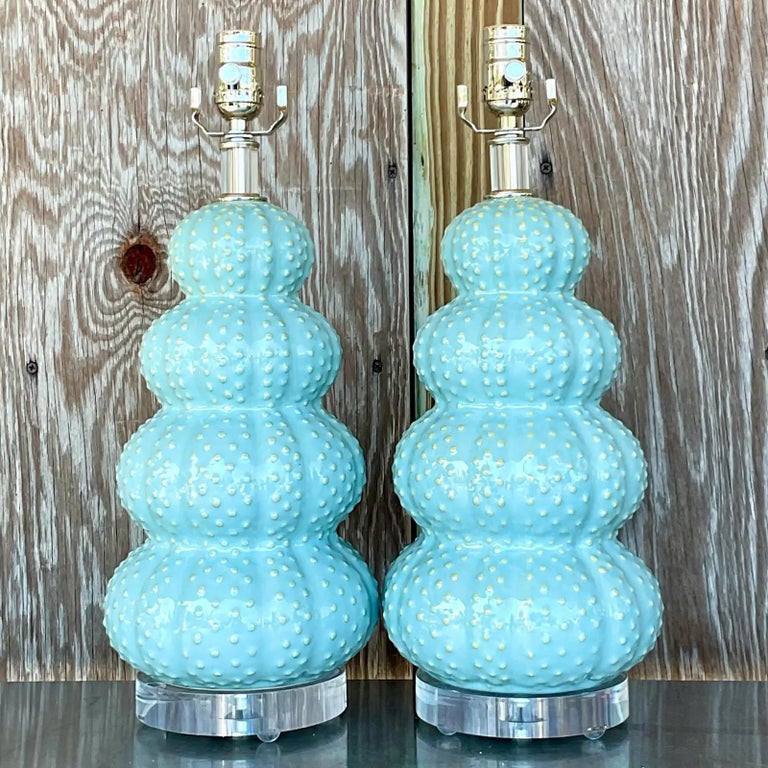 Vintage Coastal Glazed Ceramic Stacked Urchin Table Lamps, a Pair For ...