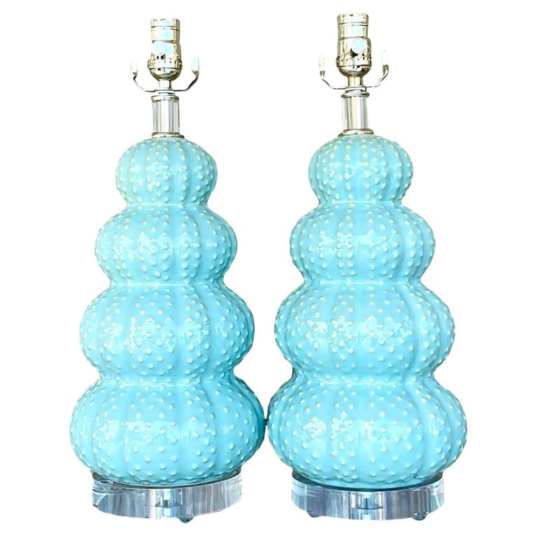 Vintage Coastal Glazed Ceramic Stacked Urchin Table Lamps, a Pair For ...