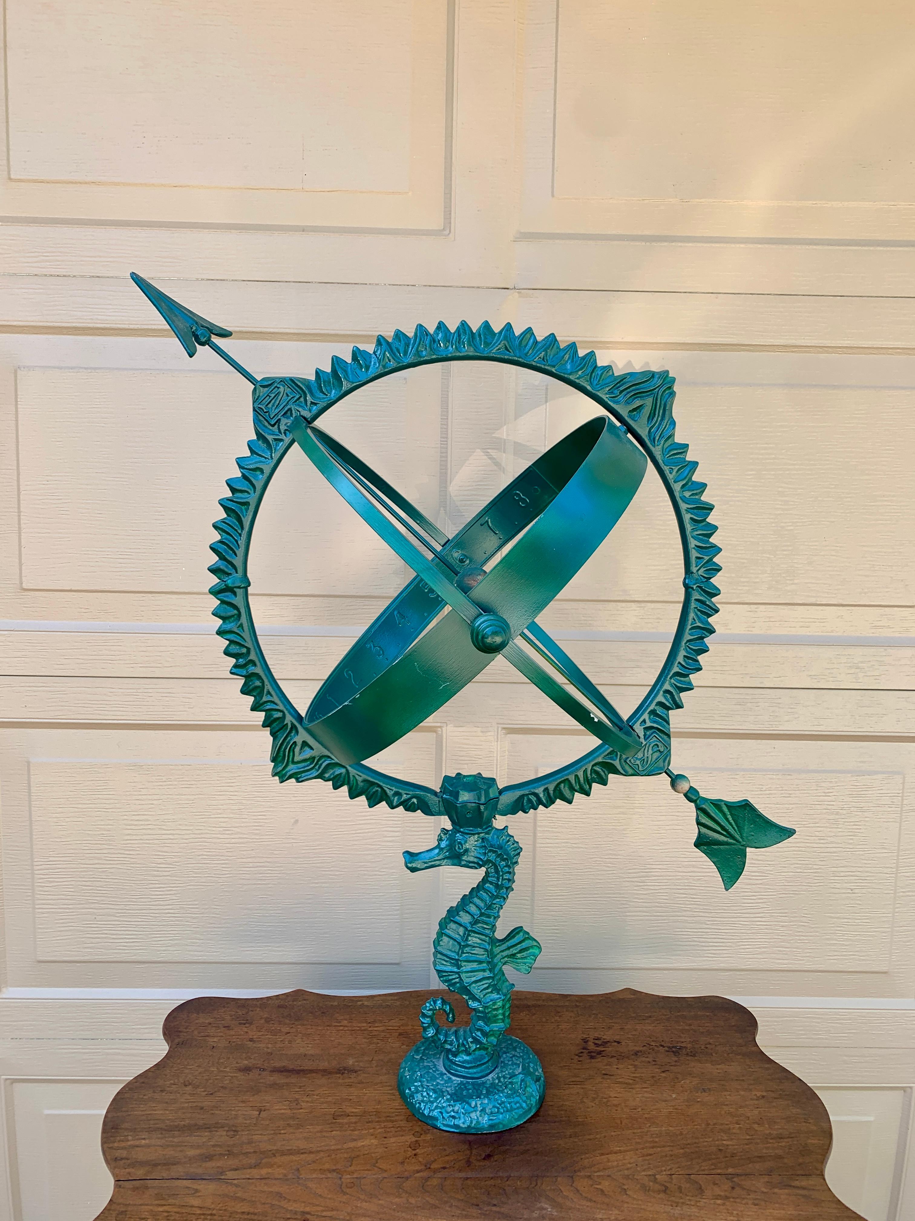 Vintage Coastal Green Iron Seahorse Garden Armillary Sundial For Sale ...