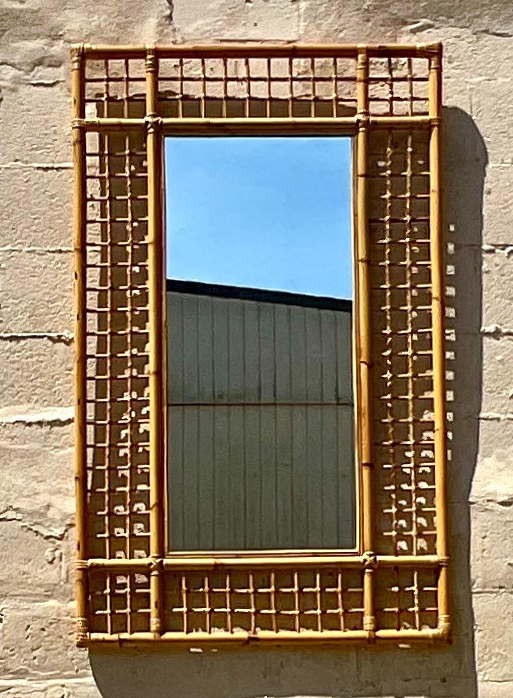 Vintage Coastal Grid Rattan Mirror For Sale at 1stDibs