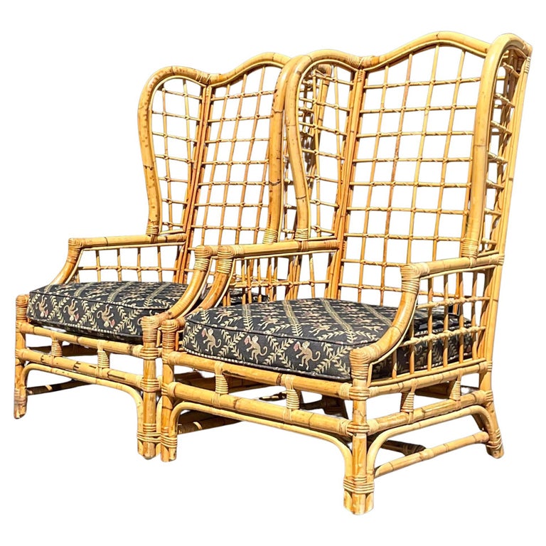Vintage Coastal Grid Rattan Wingback Chairs - a Pair For Sale at 1stDibs