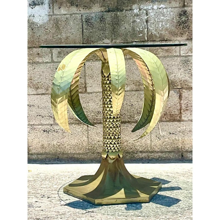 Vintage Coastal Hammered Brass Palm Tree Side Table For Sale at 1stDibs