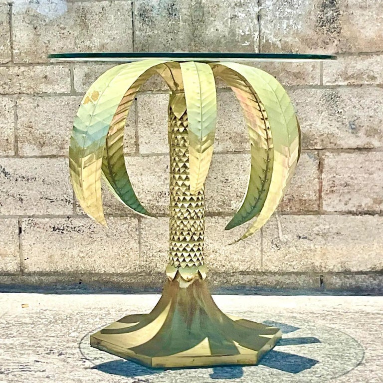 Vintage Coastal Hammered Brass Palm Tree Side Table For Sale at 1stDibs