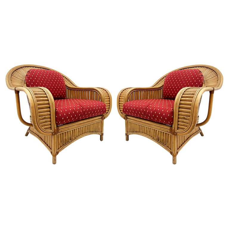 Vintage Coastal Henry Olko Style Rattan Club Chairs with Leather, Pair ...