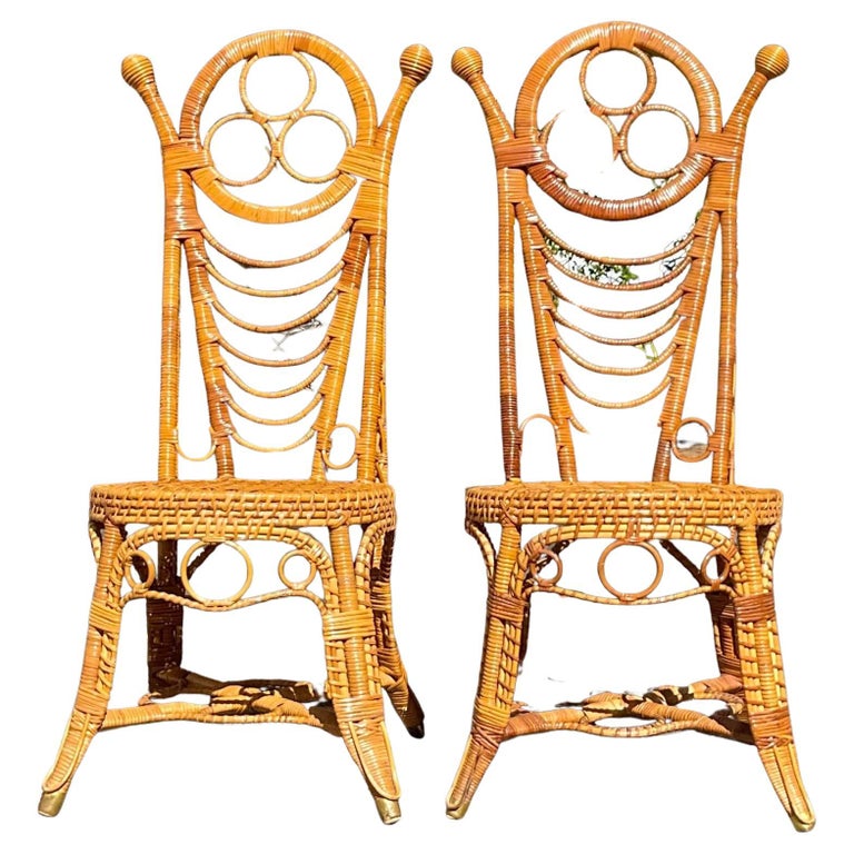 Vintage Coastal High Barack Rattan Side Chairs, a Pair For Sale at 1stDibs